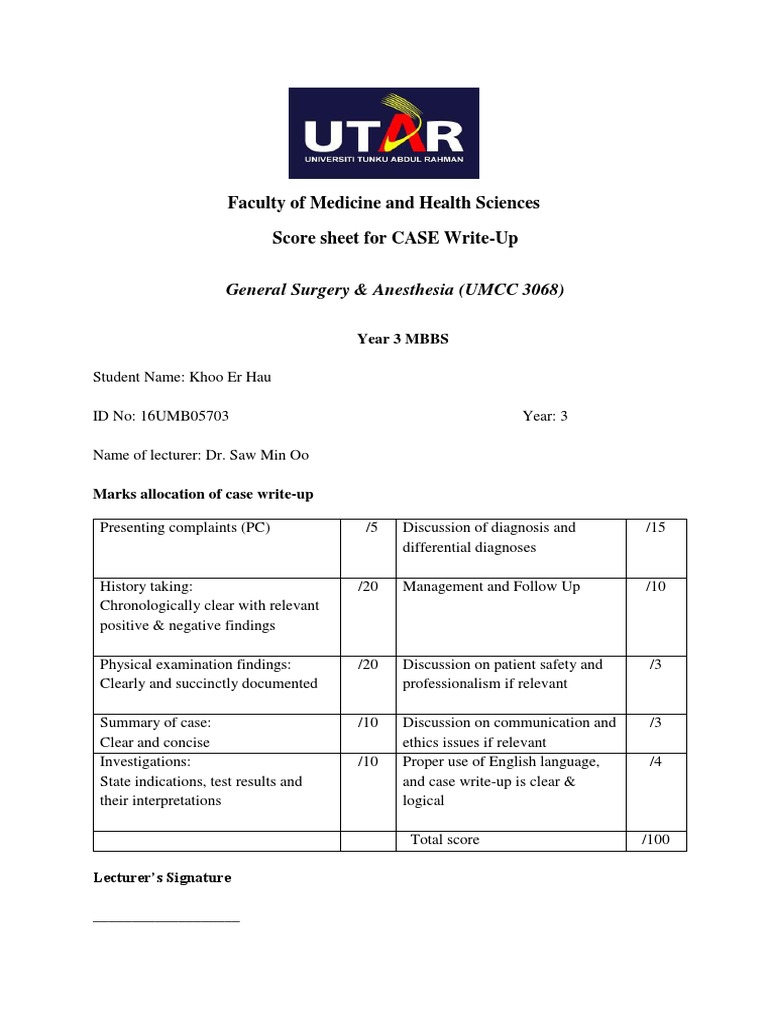 Faculty of Medicine and Health Sciences Score Sheet For CASE Write-Up ...
