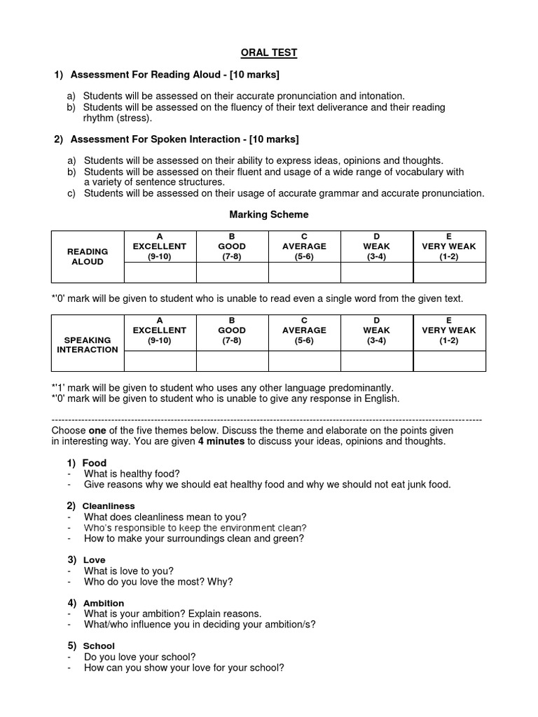 Oral Test 1) Assessment For Reading Aloud - (10 Marks) | PDF | Fluency ...