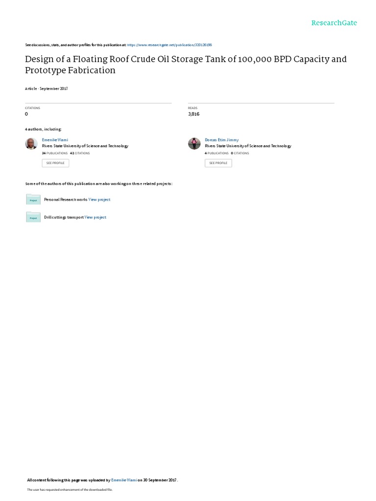 Design of A Floating Roof Crude Oil Storage Tank of 100,000 BPD ...