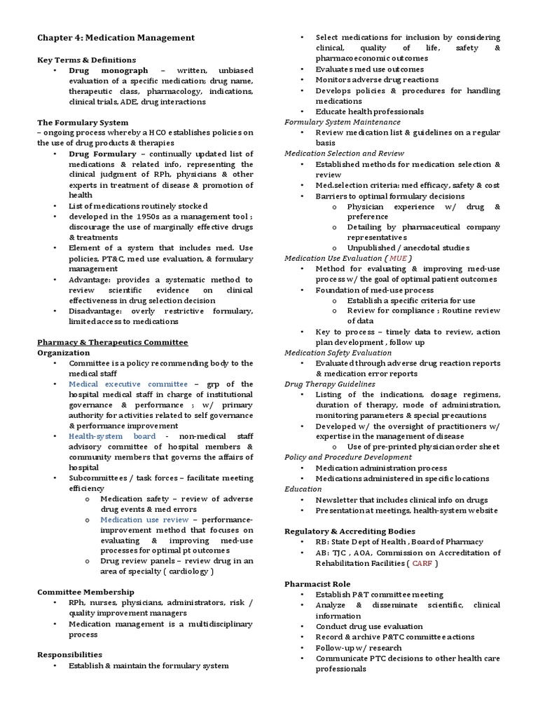 Chapter 4: Medication Management: Key Terms & Definitions Drug ...