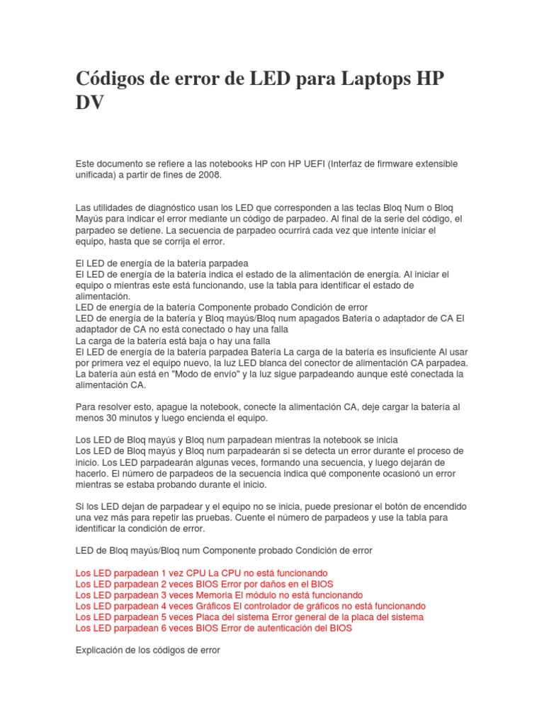 Códigos de Error de LED para Laptops HP DV | PDF | Diodo emisor de luz ...