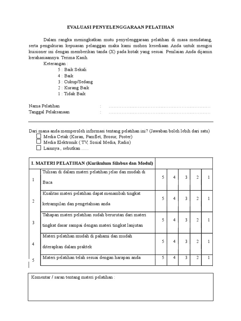 Format Contoh Formulir Evaluasi Penyelenggaraan Pelatihan PDF | PDF