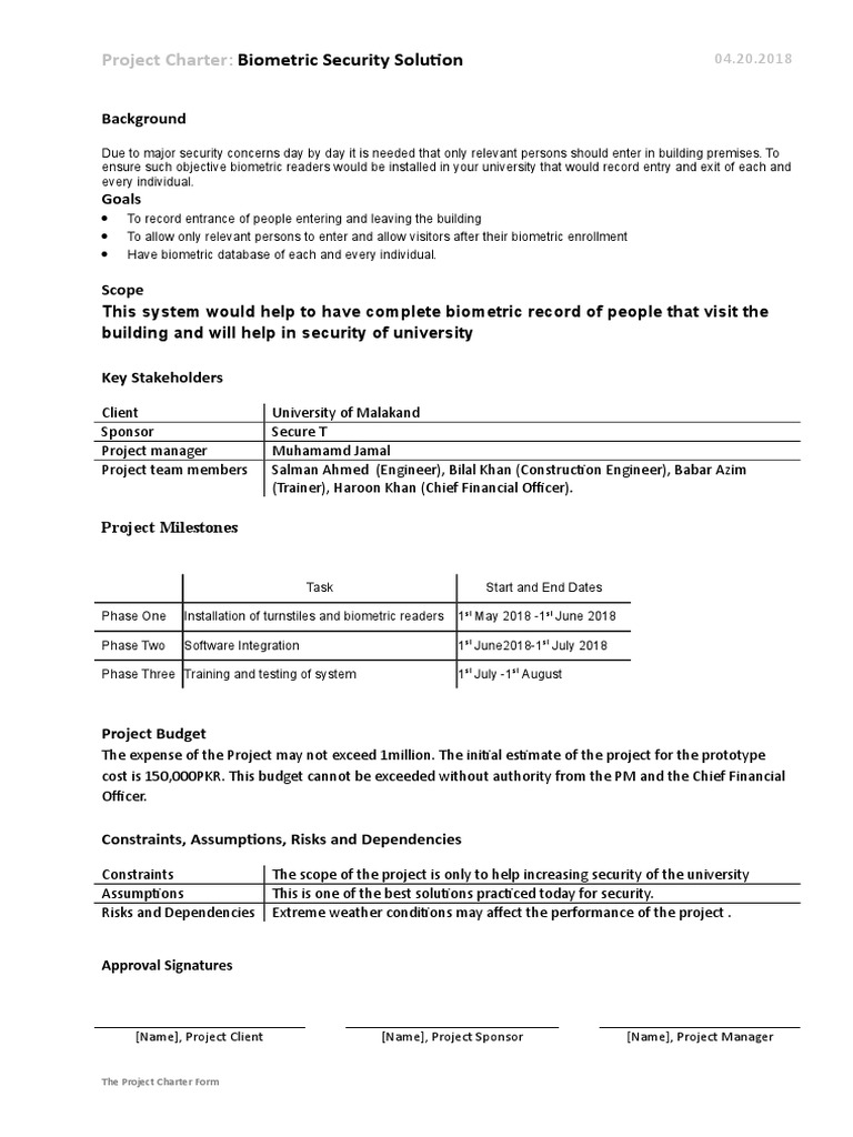 Biometric Security Solution Project Charter: Ensuring Secure Access and ...