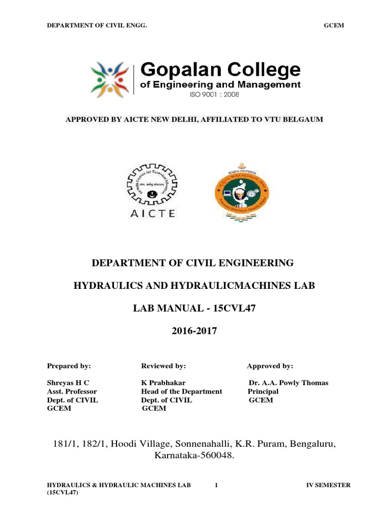 Department of Civil Engineering Hydraulics and Hydraulicmachines Lab ...
