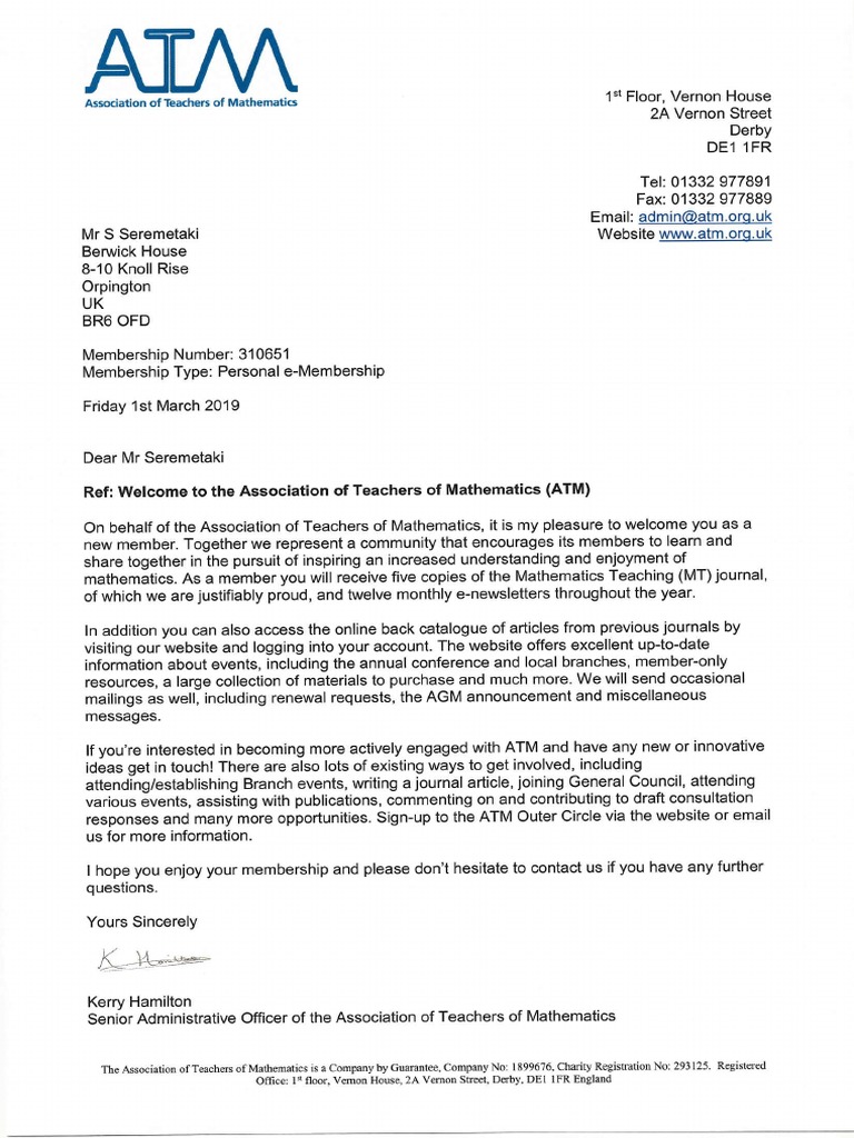 Association of Teachers of Mathematics - Welcome Letter S. Seremetaki | PDF