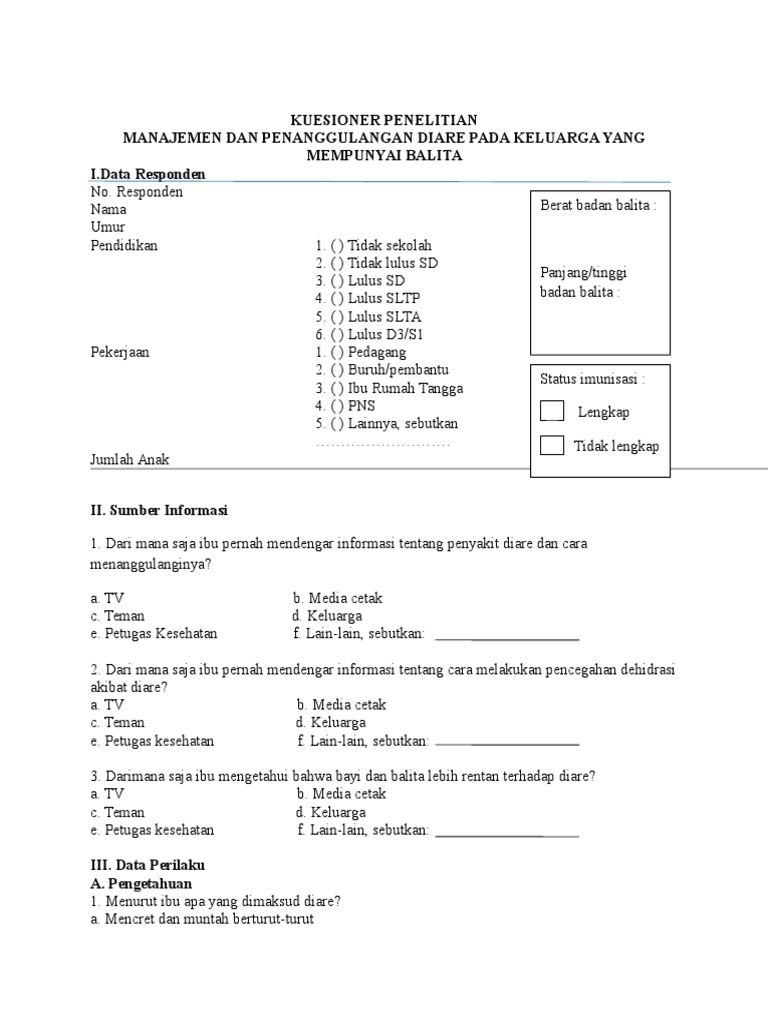 Kuesioner Penelitian Diare Pada Anak | PDF