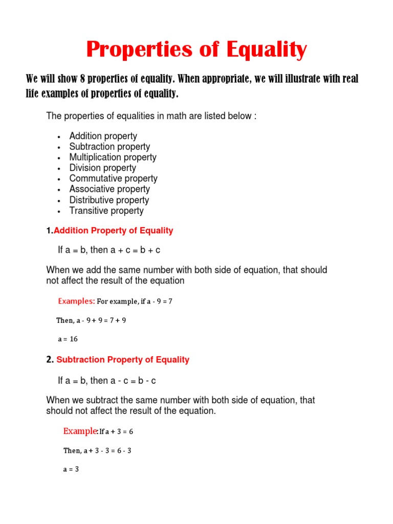 Properties Of Equality Properties Of Equality