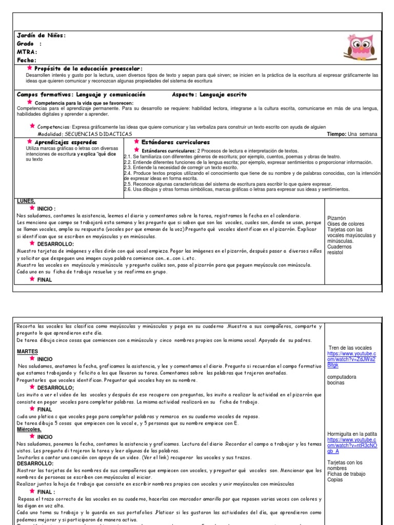 Planeacion Las Vocales | Educación de la primera infancia | Escritura
