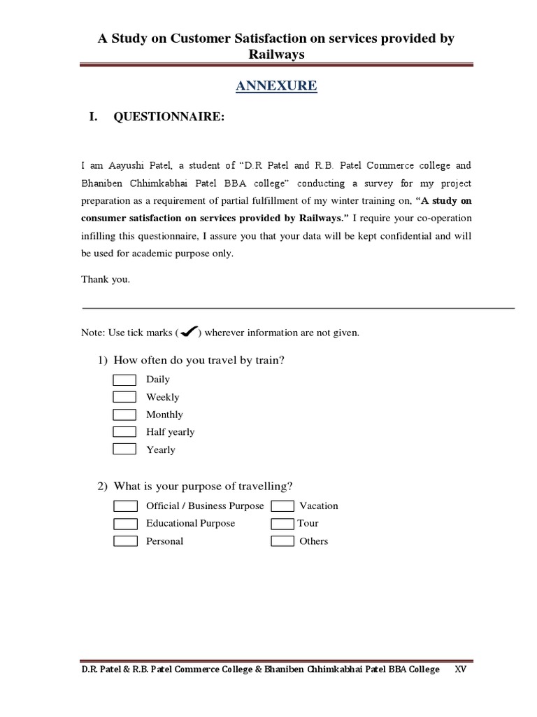 Customer Satisfaction With Railway Questionnaire | PDF | Economies ...