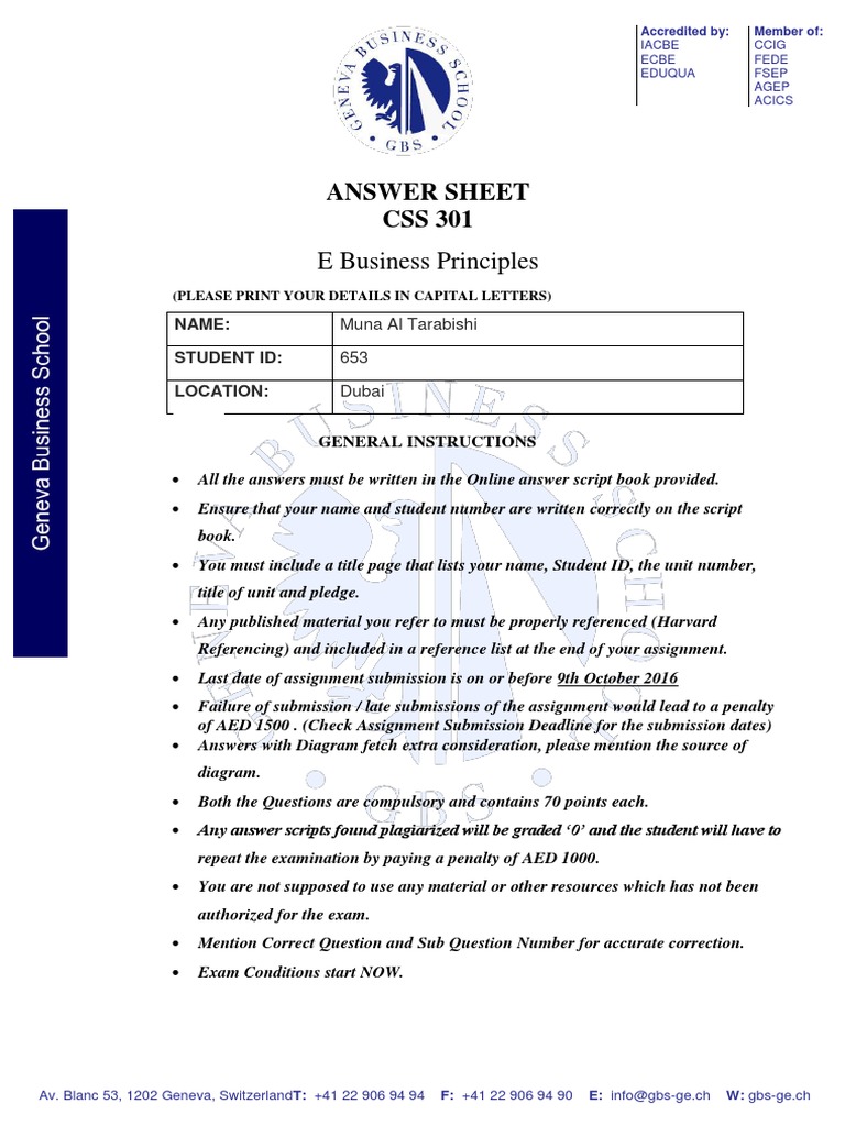 Answer Sheet CSS 301: E Business Principles | Download Free PDF | Qr ...
