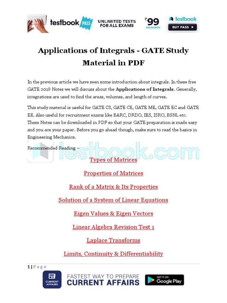 Applications of Integrals GATE Study Material in PDF 2 | Download Free PDF | Integral | Matrix ...