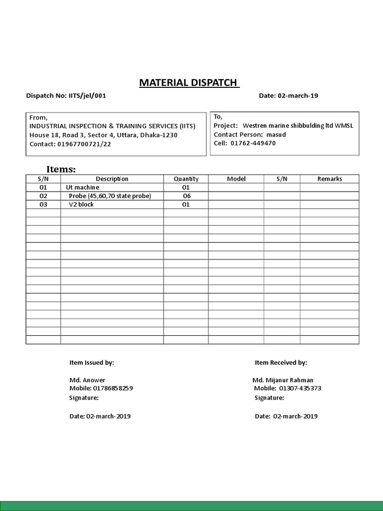 Material Dispatch: Items | PDF