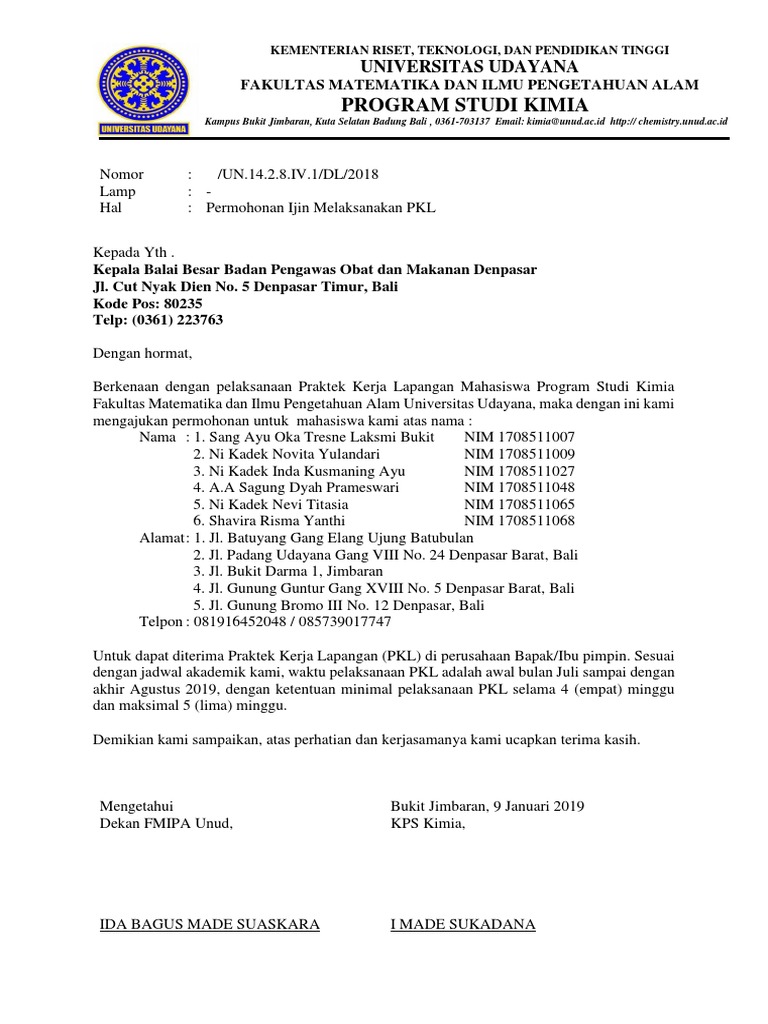 Surat Permohonan PKL Format Baru Bpom Denpasar | PDF