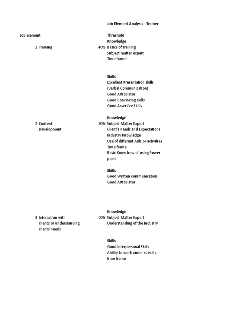 Job Element Analysis - Trainer Threshold Knowledge | PDF | Expert ...