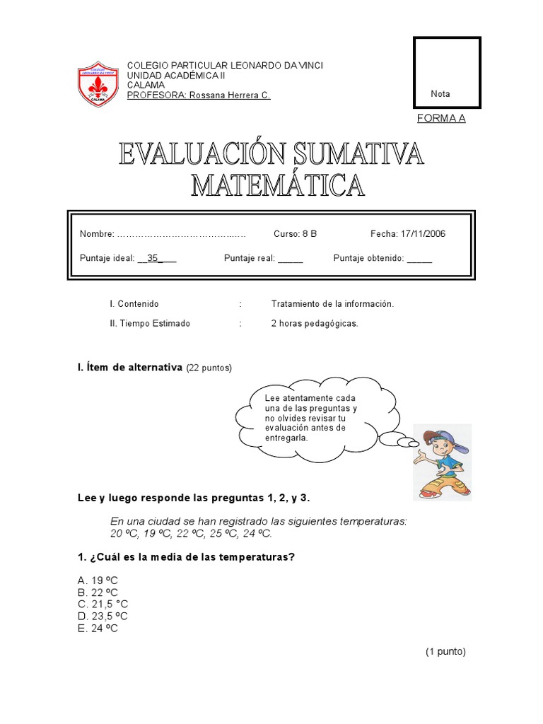 NB6 Eval. Sum Estadistica | PDF | Mediana | Enseñanza de matemática