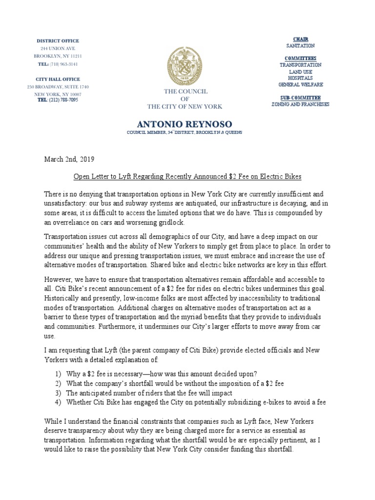CM Reynoso Open Letter To Lyft | PDF | Lyft | New York City