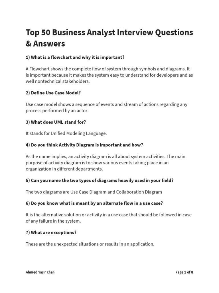 Top 50 Business Analyst Interview Questions & Answers: Ahmed Yasir Khan | PDF | Use Case | Agile ...