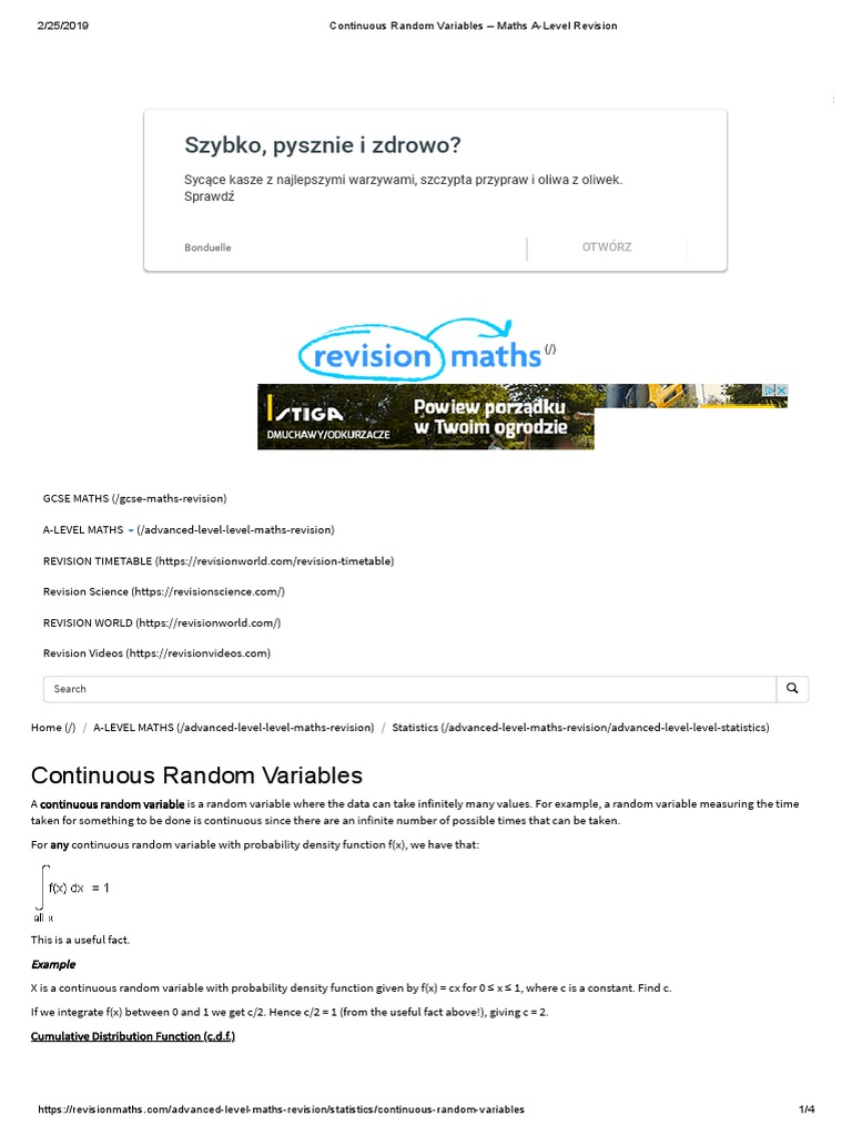 Continuous Random Variables - Maths A-Level Revision | PDF | Probability Distribution ...