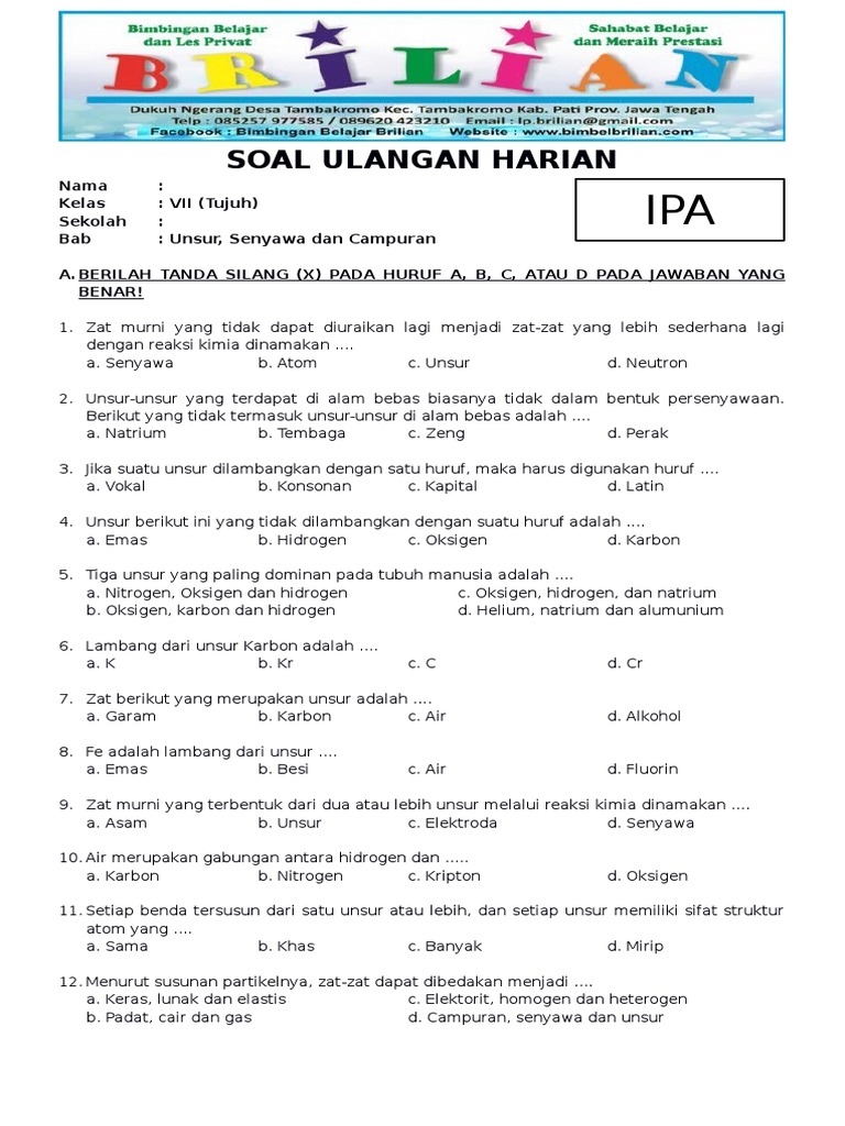 Soal IPA SMP Kela 7 Bab Unsur, Senyawa Dan Campuran Dan Kunci Jawaban | PDF