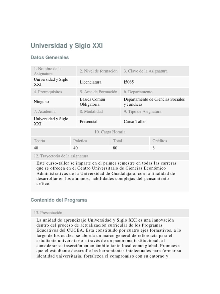 Programa Universidad y Siglo XXI | PDF | Universidad | Evaluación