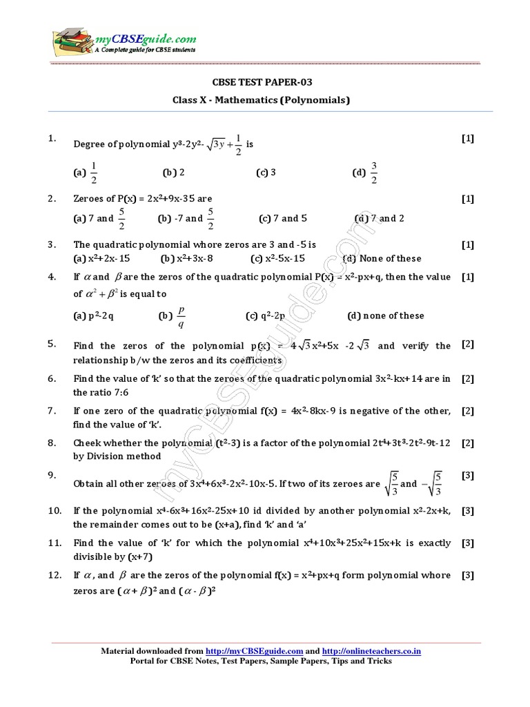 10 Mathematics Polynomials Test 03 | PDF | Polynomial | Zero Of A Function