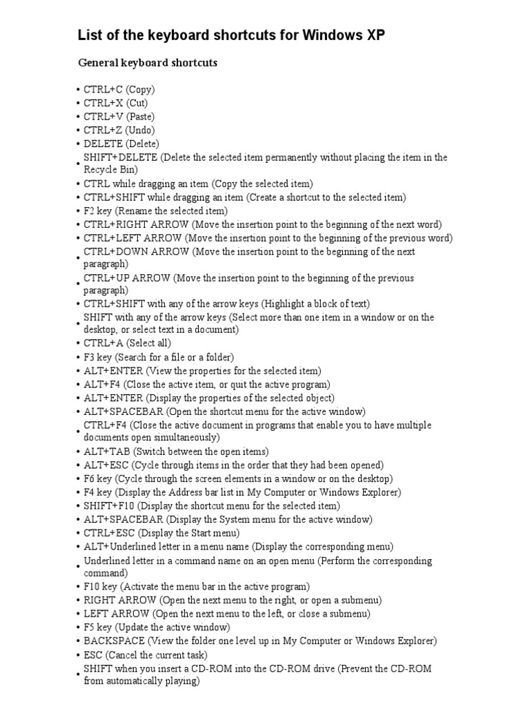 List of The Keyboard Shortcuts For Windows XP | PDF | Menu (Computing ...