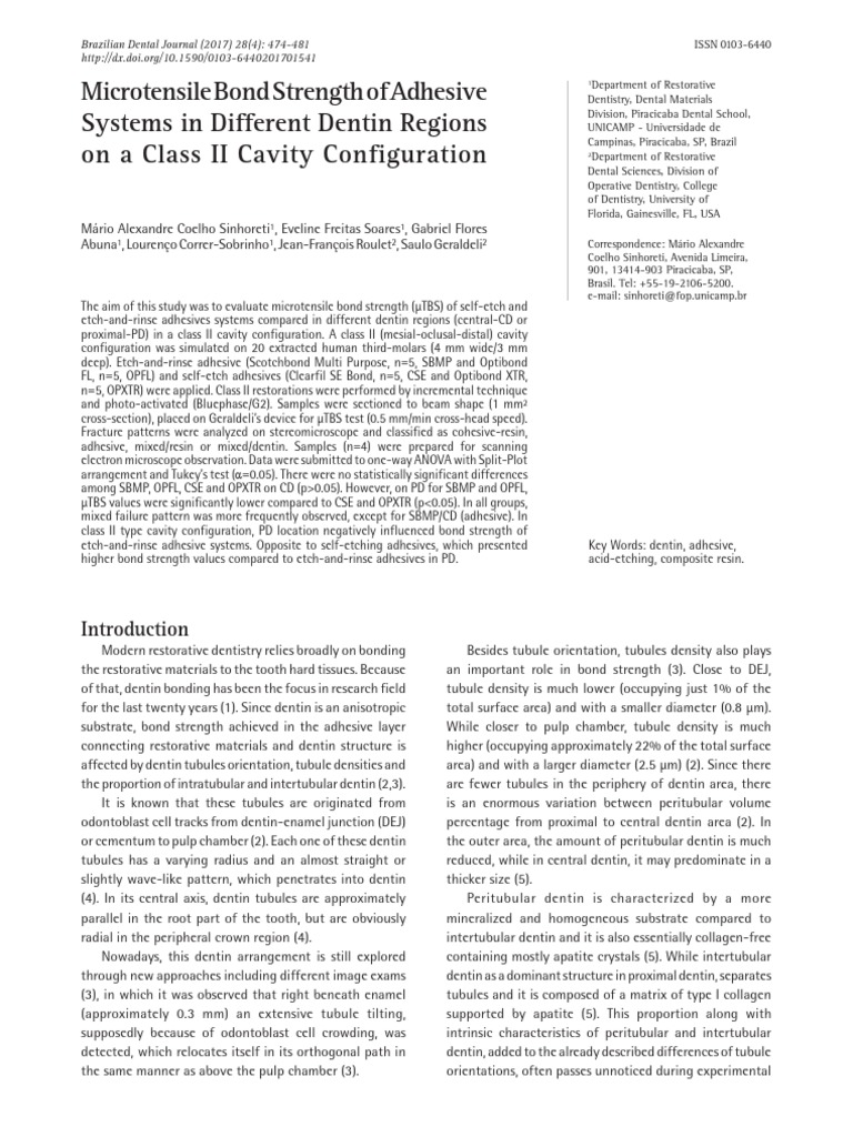 Microtensile Bond Strength of Adhesive Systems in Different Dentin ...