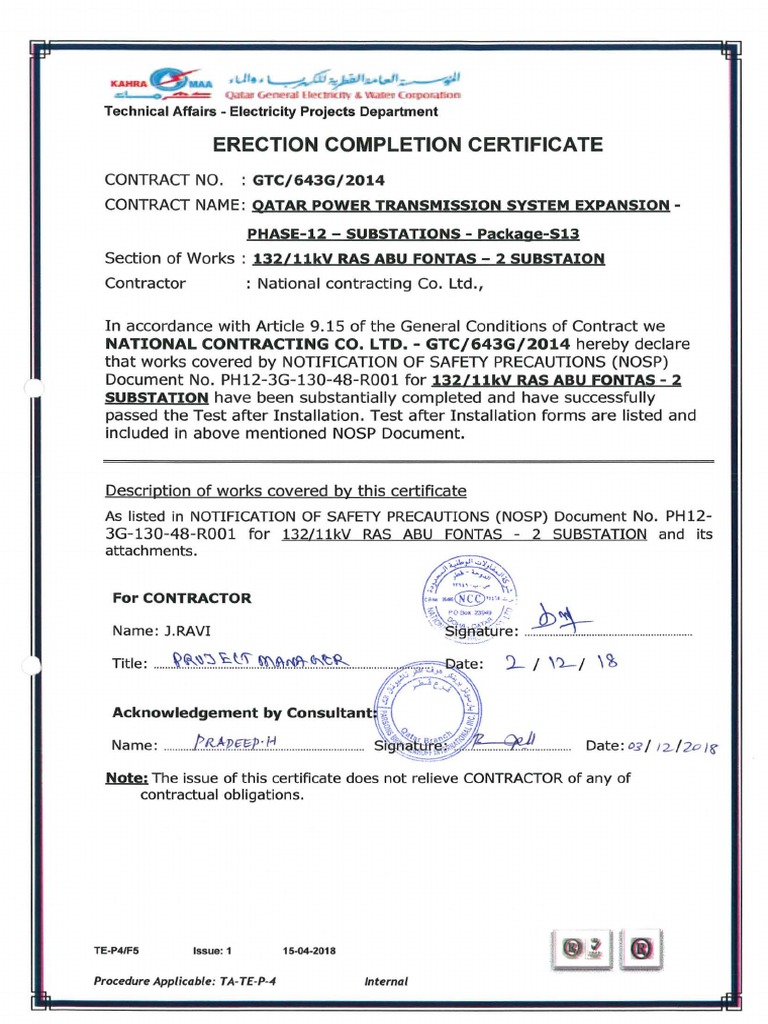 Erection Completion Certificate | PDF