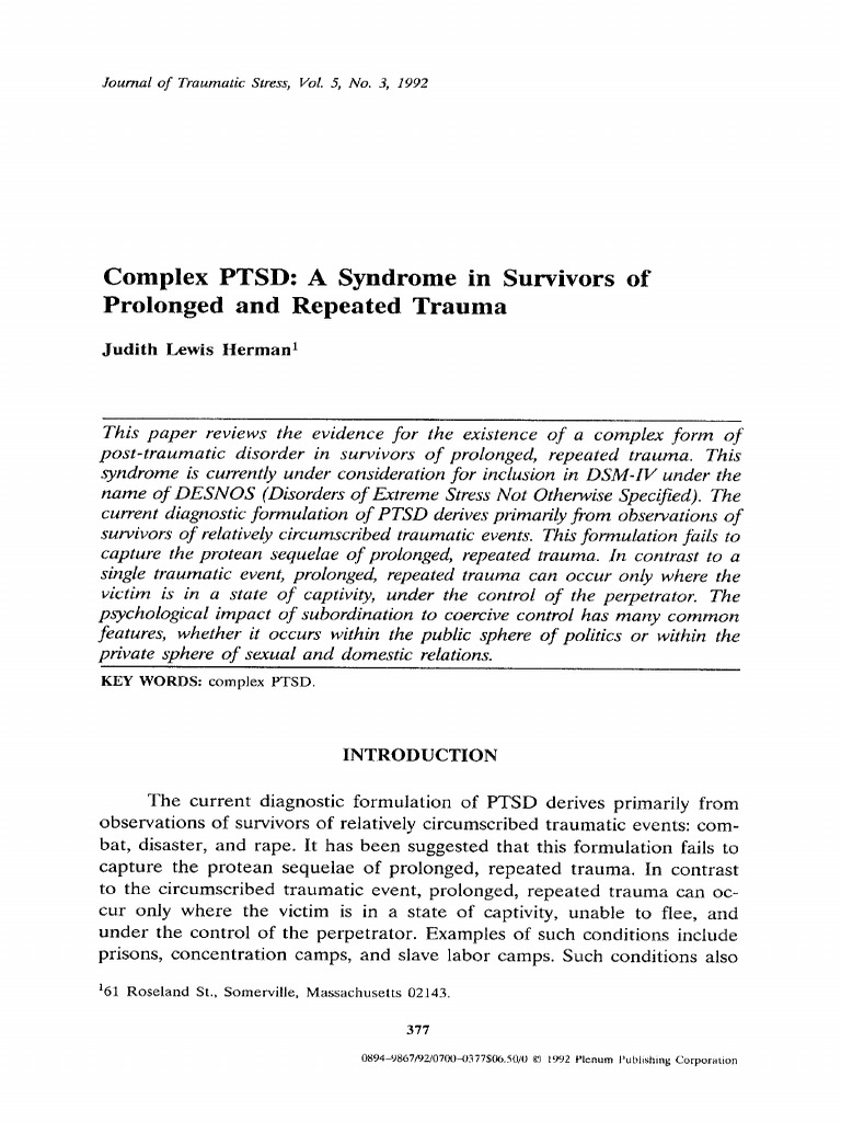 Complex PTSD Syndrome Herman JTS 1992 | PDF | Complex Post Traumatic ...