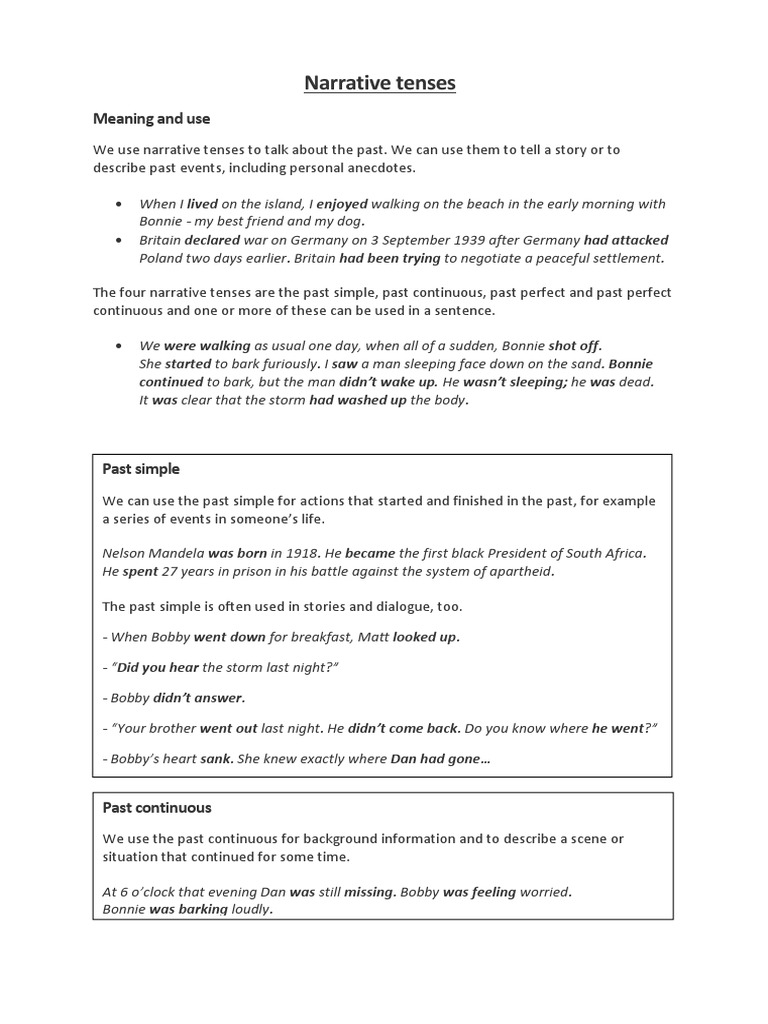 Narrative Tenses - Overview | PDF | Sentence (Linguistics) | Grammar