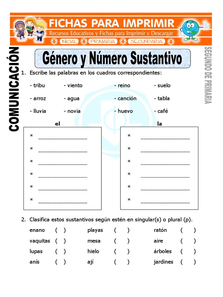 Ficha de Genero y Numero Del Sustantivo Para Segundo de Primaria