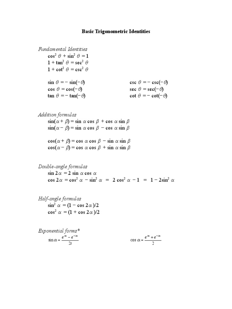 Basic Trigonometric Identities: Addition Formulas | PDF