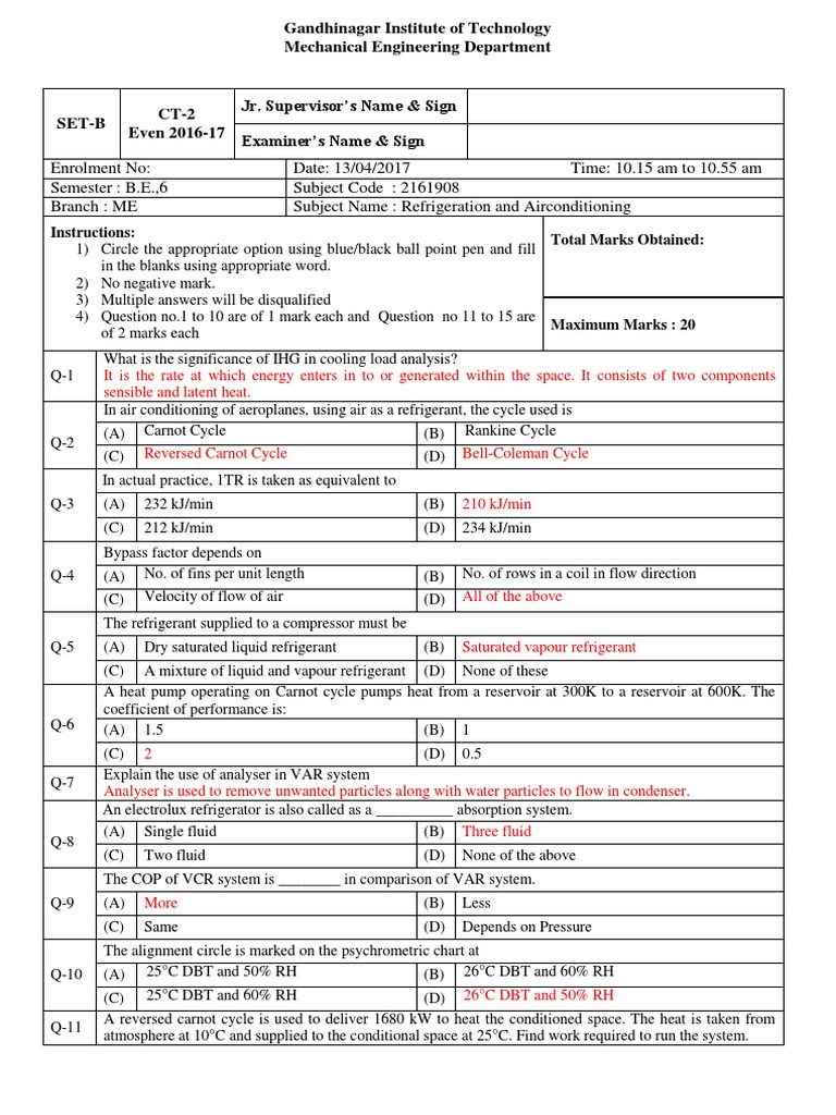 RAC Answer Key Set B CT-2 | PDF | Air Conditioning | Refrigeration