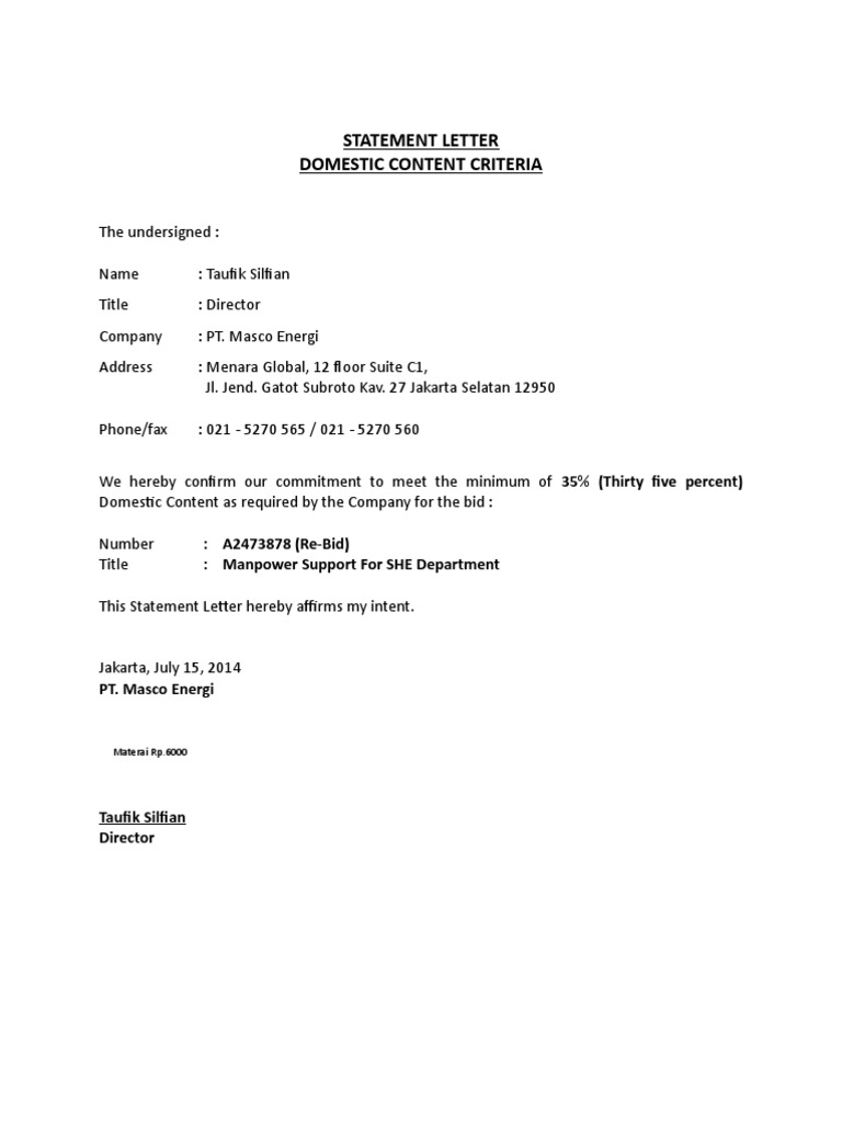 Statement Letter Tkdn English