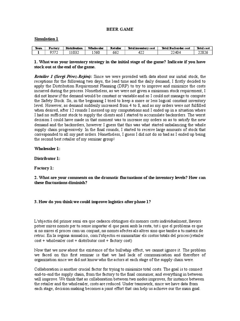 BEER GAME SIMULATION 1 ANALYSIS | PDF | Inventory | Retail