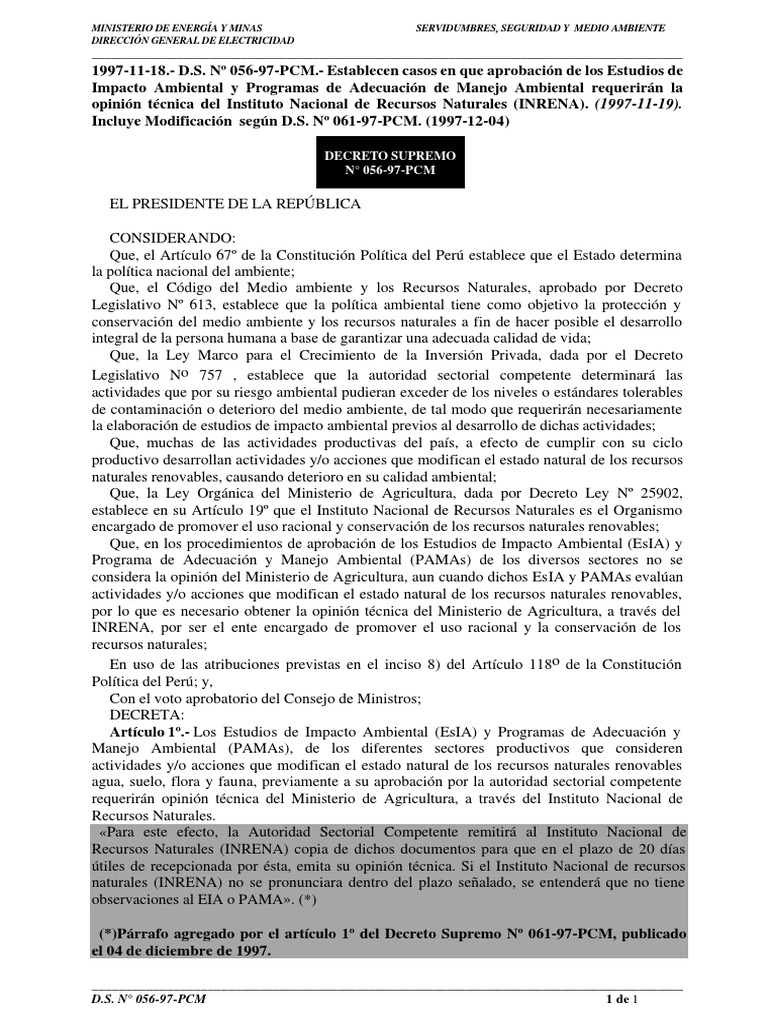 ds056 97 PCM PDF | PDF | Evaluación de impacto ambiental | Entorno natural