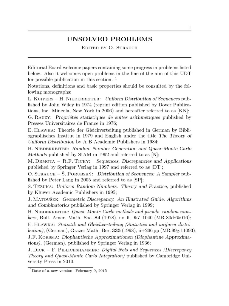 Unsolved Problems: Date of A New Version: February 9, 2015 | Download Free PDF | Sequence ...
