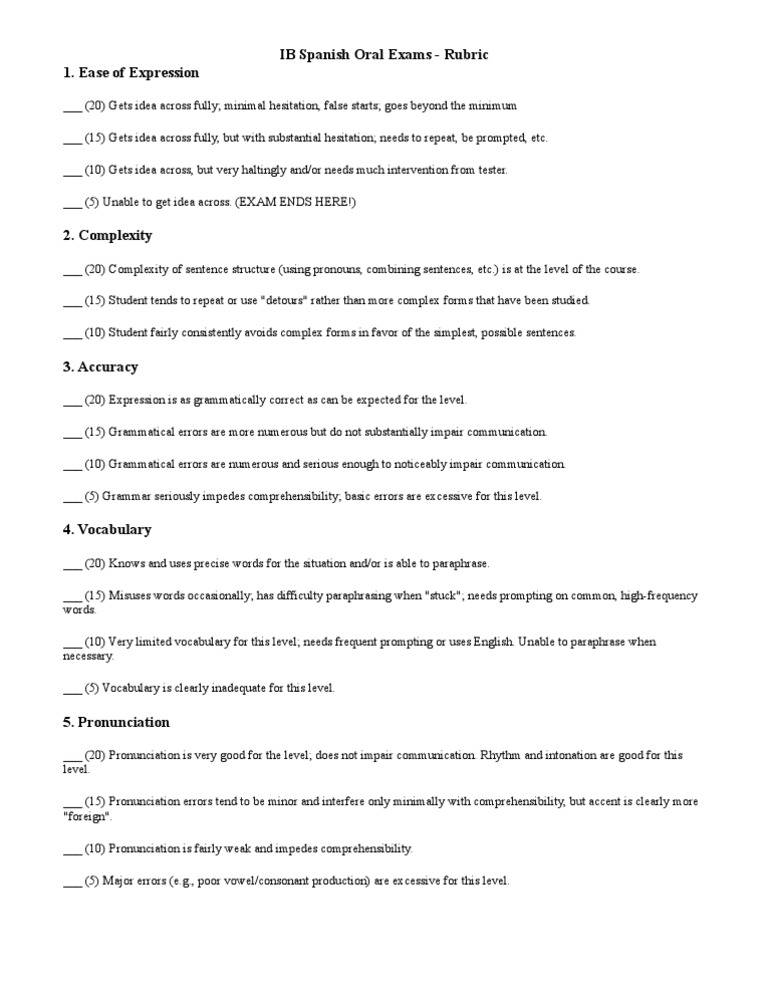 IB Spanish Oral Rubric | PDF | Vocabulary | Grammar