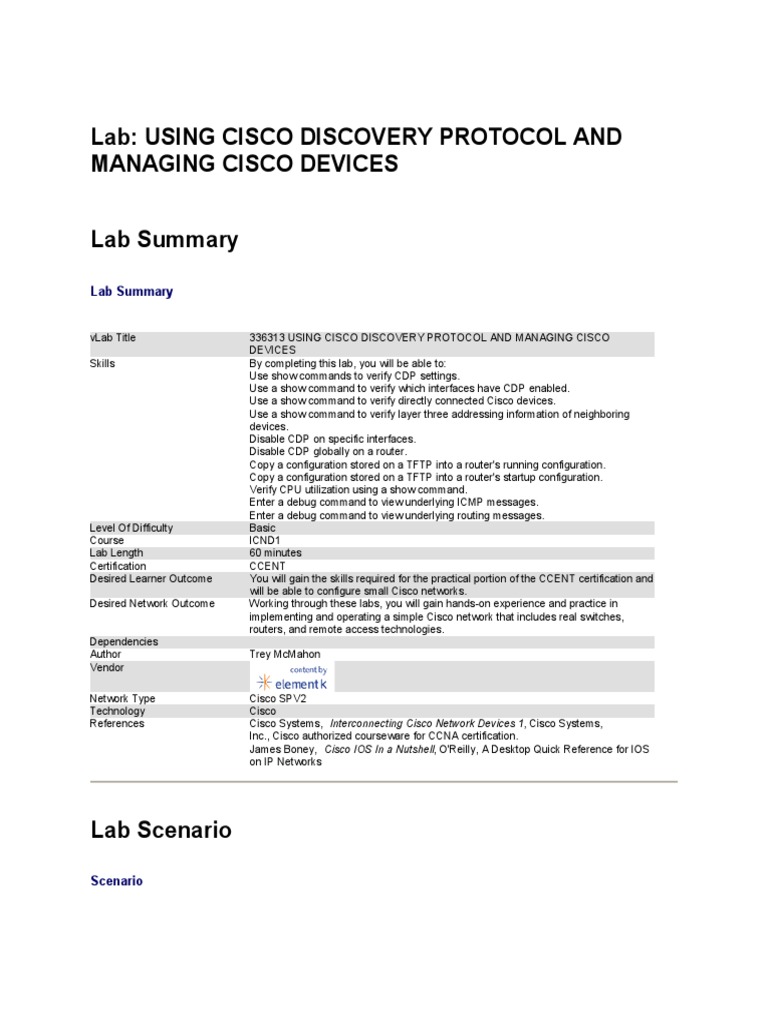 Lab: Using Cisco Discovery Protocol and Managing Cisco Devices Lab ...