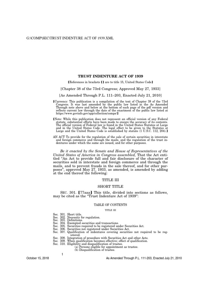 Trust Indenture Act of 1939 PDF | Download Free PDF | Securities Act Of ...