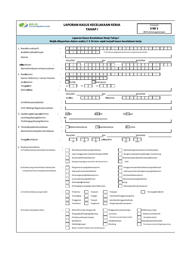 KK - 3 - KK 1 - Form Laporan Kasus Kecelakaan Kerja Tahap I | PDF