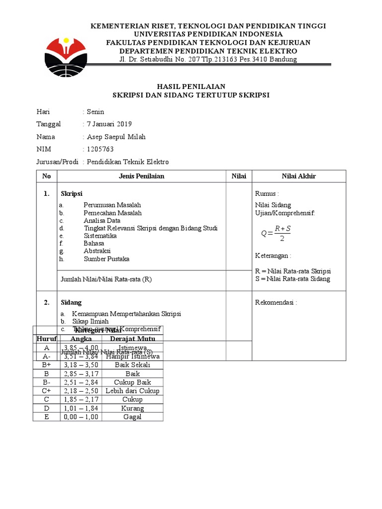 Format Nilai Sidang | PDF
