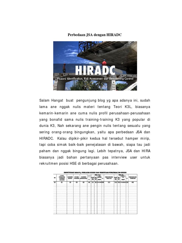 Perbedaan JSA Dengan HIRADC PDF | PDF