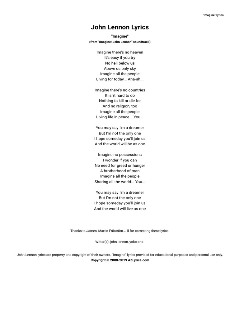 John Lennon - Imagine Lyrics | PDF | Families Of The Beatles Members ...