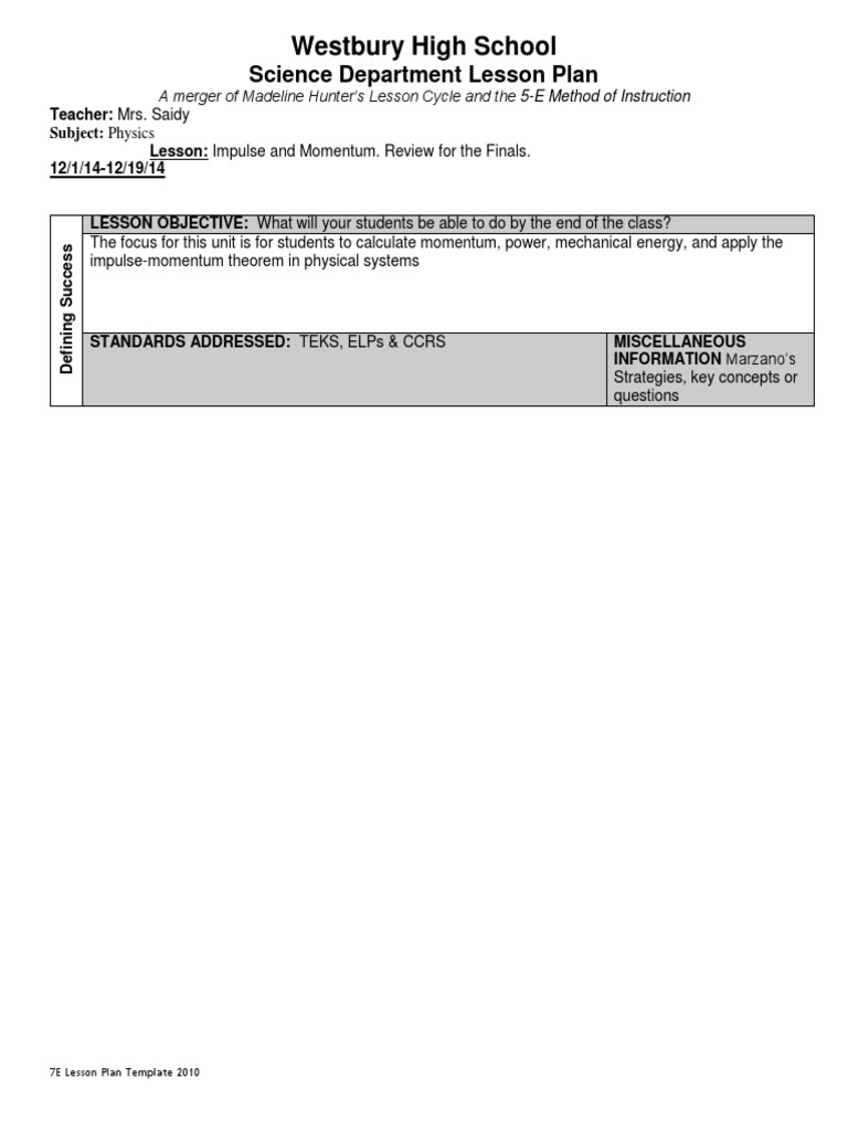 Physics Lesson Plan: Impulse & Momentum | PDF | Lesson Plan | English ...