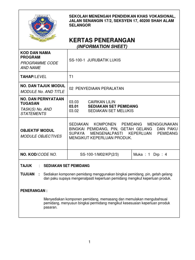 Kertas Penerangan Task 03.01 Sediakan Pemidang | PDF