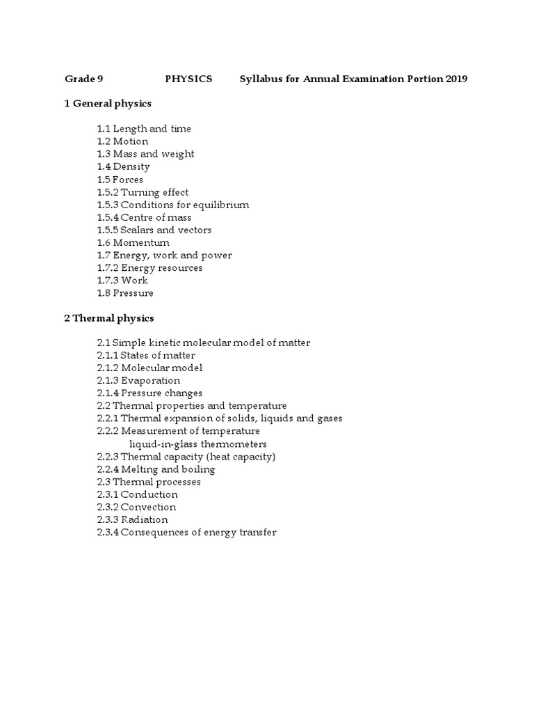 Grade 9 PHYSICS Syllabus For Annual Examination Portion 2019 1 General ...
