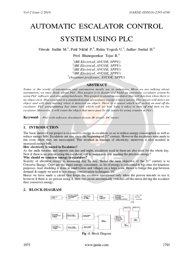 Automatic Escalator Control System Using PLC Ijariie1975 | PDF ...