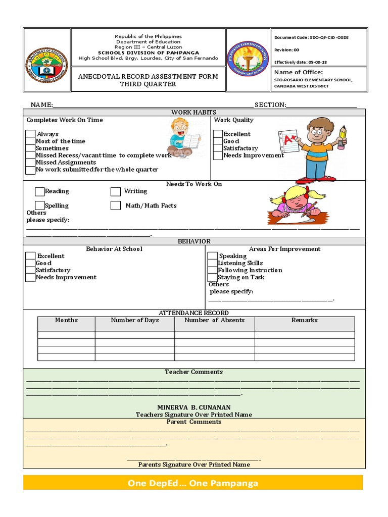 Anecdotal Record Assestment Form | PDF | Behavior Modification | Learning