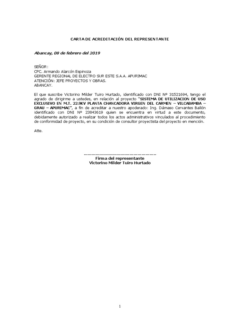Carta de Acreditacion de Representacion DCB | PDF